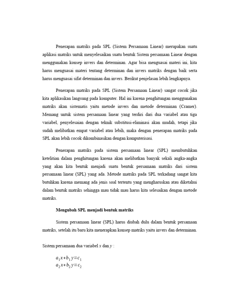 Penerapan Matriks Pada SPL | PDF