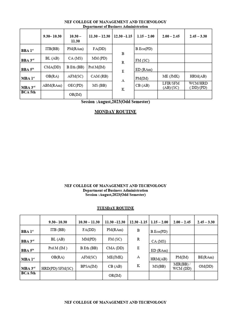 BBA & MBA Class Schedule August 2023 | PDF