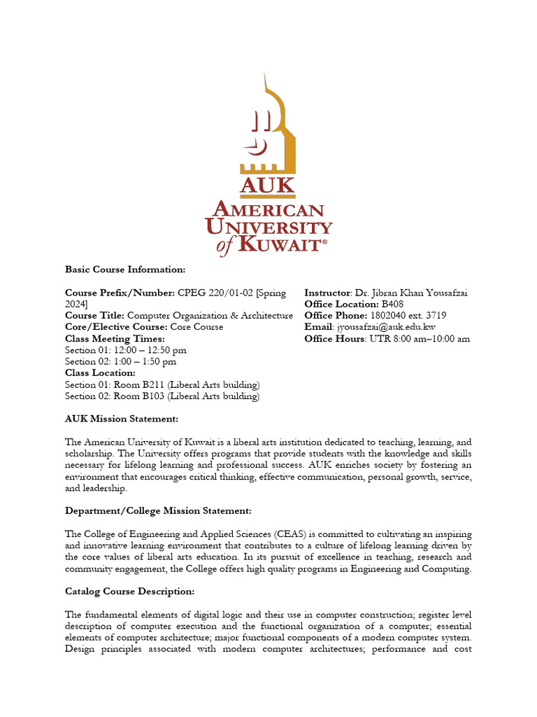 CPEG 220-0102 - Course Syllabus | PDF | Central Processing Unit | Engineering