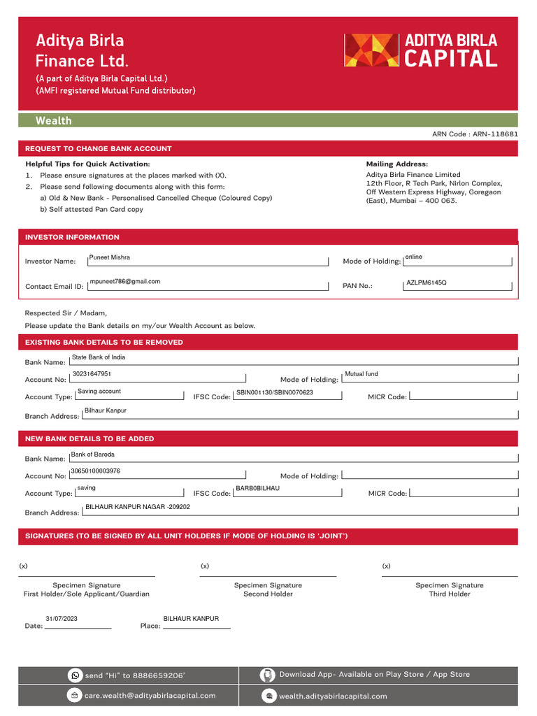 Aditya Birla Bank Change Request Form | PDF