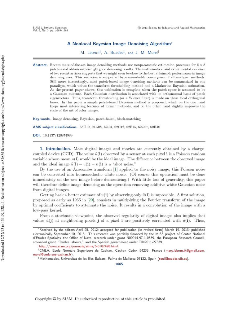 A Nonlocal Bayesian Image Denoising Algorithm: M. Lebrun, A. Buades, J. M. Morel | PDF | Applied ...