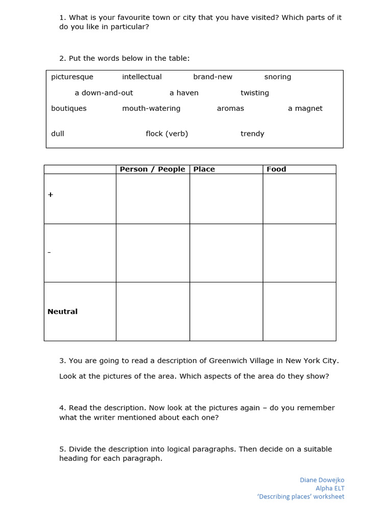 Describing Places Worksheets | PDF | Sentence (Linguistics)