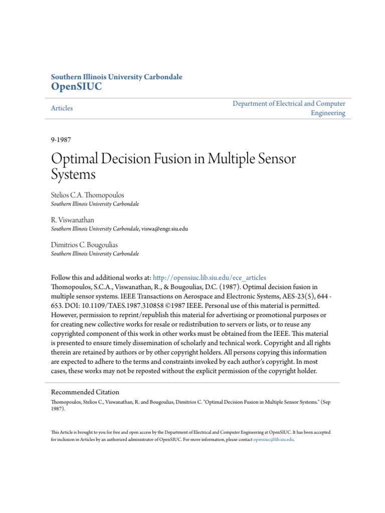 Optimal Decision Fusion in Multiple Sensor Systems | PDF | Statistical ...