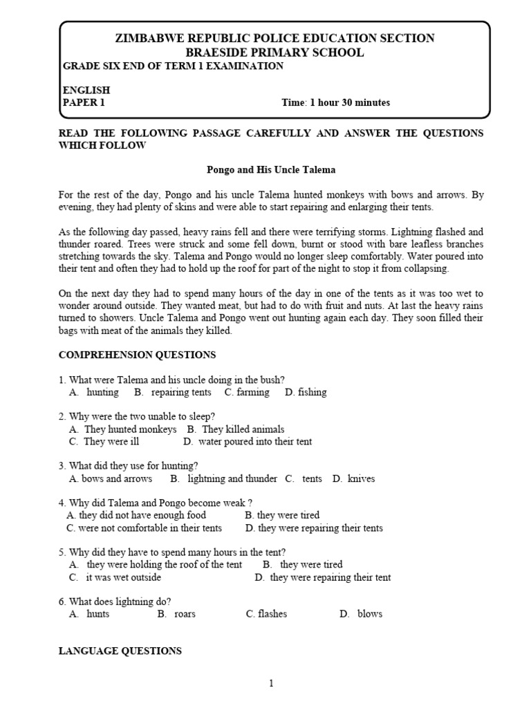 Grade 6 English Paper 1 Term One 2022 | PDF | Frog | Giraffe Grade 6 English Paper 1 Term One 2022 | PDF | Frog | Giraffe