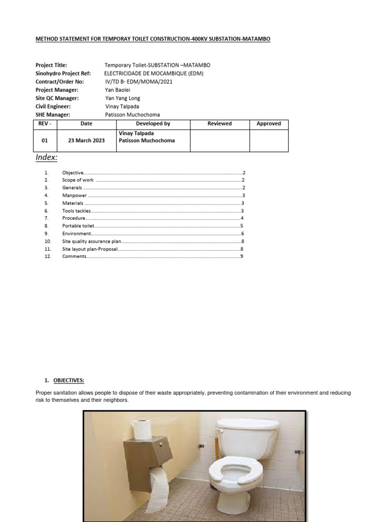 METHOD STATEMENT FOR TOILET (Temporary) CONSTn.23.3.23 | Download Free PDF | Septic Tank | Plumbing