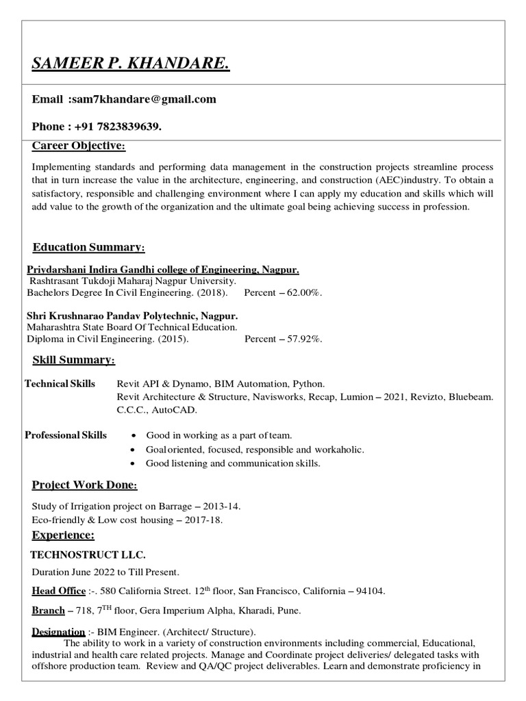 Sameer Khandare CV | PDF | Building Information Modeling | Architect