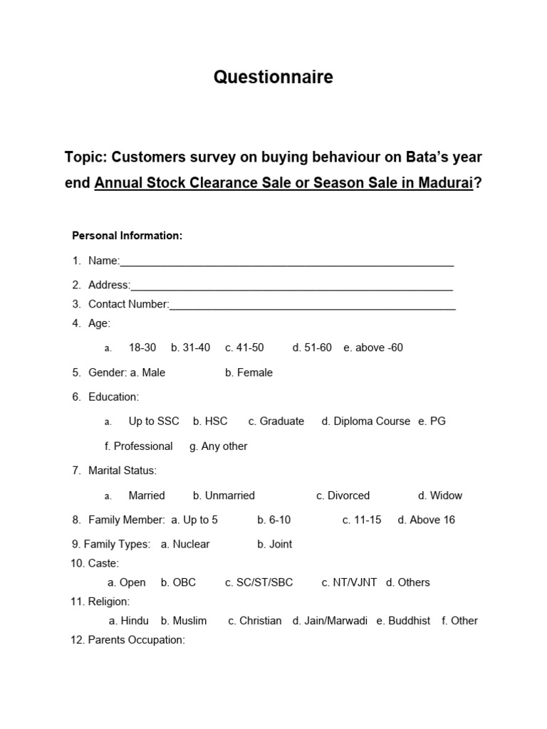Questionnaire - Customers Survey On Buying Behavior On Bata's Year End ...