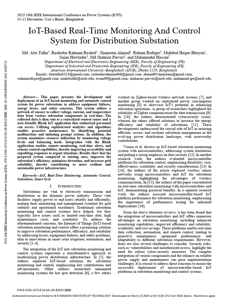 IoT-Based Real-Time Monitoring and Control System For Distribution Substation | PDF | Internet ...