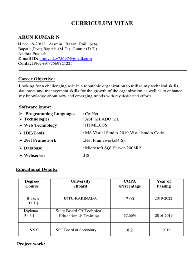 Arun Kumar CV | PDF | Computing | Information Technology