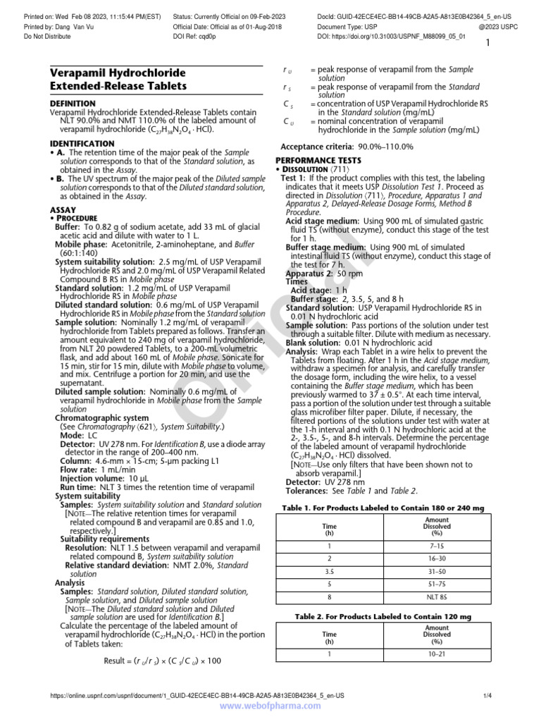 Verapamil Hydrochloride Extended Release Tablets Pdf Buffer Solution Chromatography