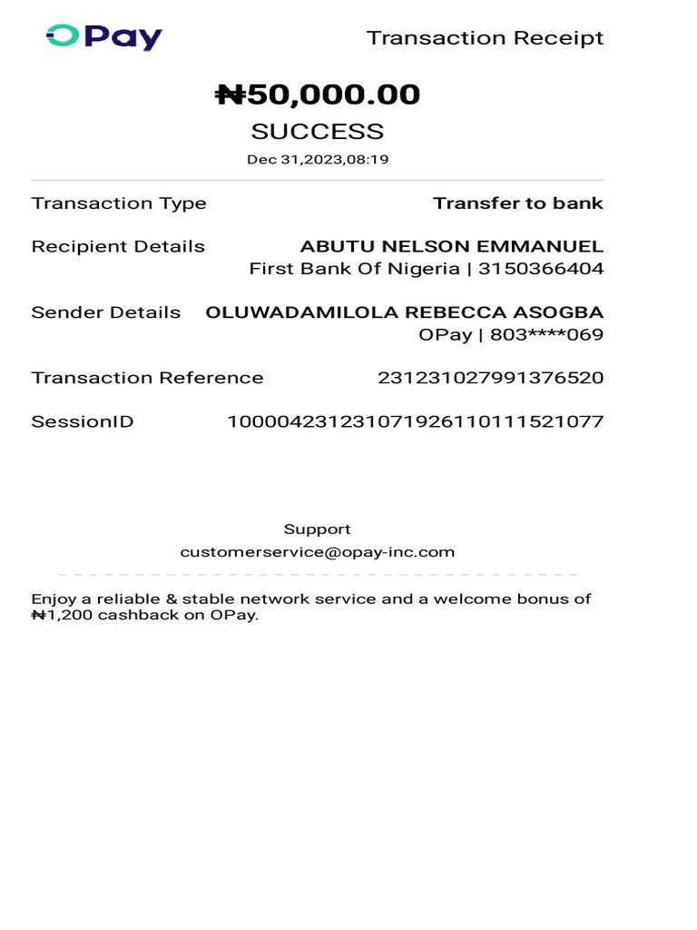 OPay Transfer Receipt - ₦50,000 Successful | PDF