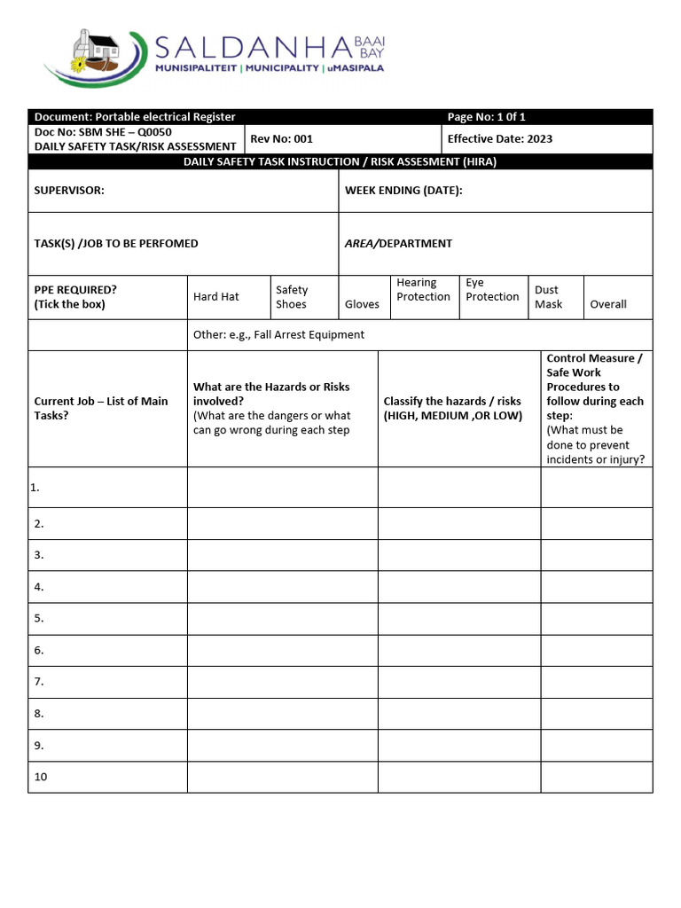 Daily Safety Talks Risk Assessment Checklist SBM SHER Form 050 | PDF | Risk Assessment ...