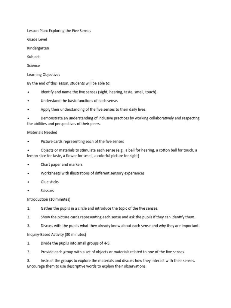 Lesson Plan in Science (kindergarten) | PDF | Senses | Lesson Plan