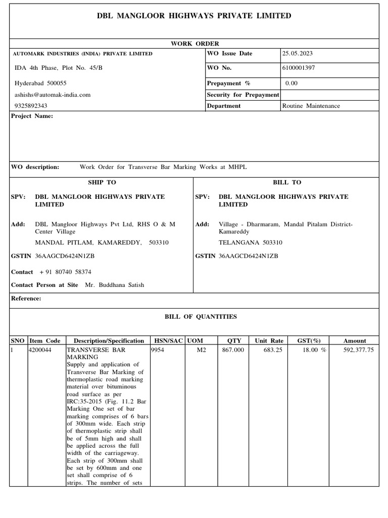Work Order for Transverse Bar Marking | PDF | Indemnity | Employment