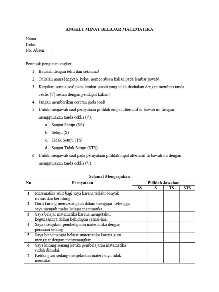 Angket Minat Belajar Matematika | PDF