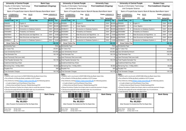 UCP Spring 2024 Fee Challan Details | PDF | Credit Card | Debit Card