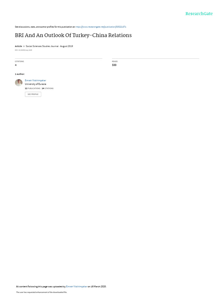 BRI and An Outlook of Turkey-China Relations | PDF | China | World Politics