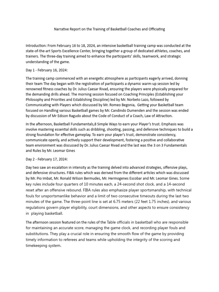 Narrative Report On The Training of Basketball Coaches and Officiating ...