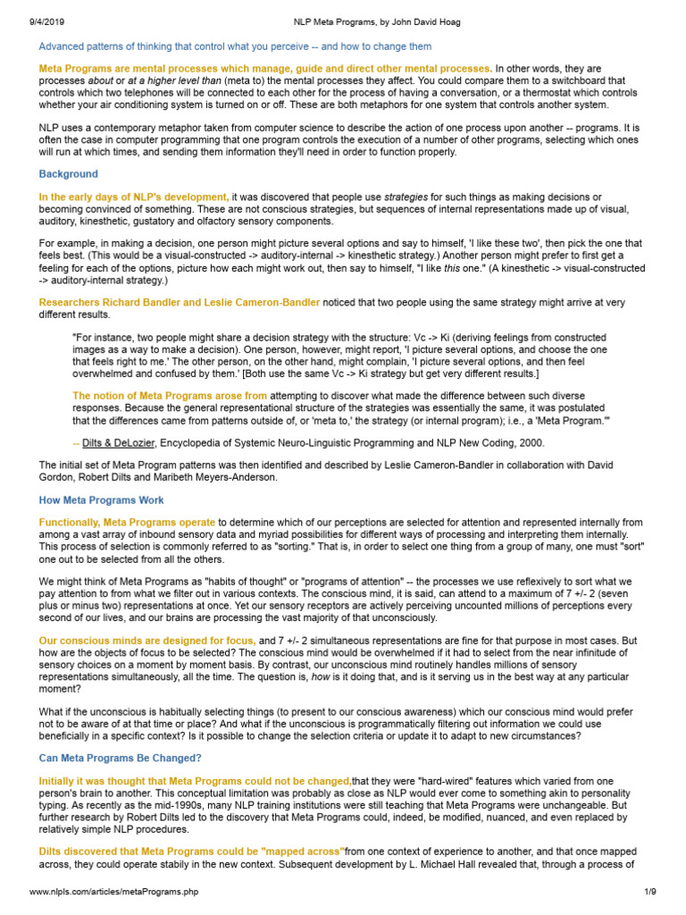 !brain NLP Meta Programs, by John David Hoag | PDF | Perception ...