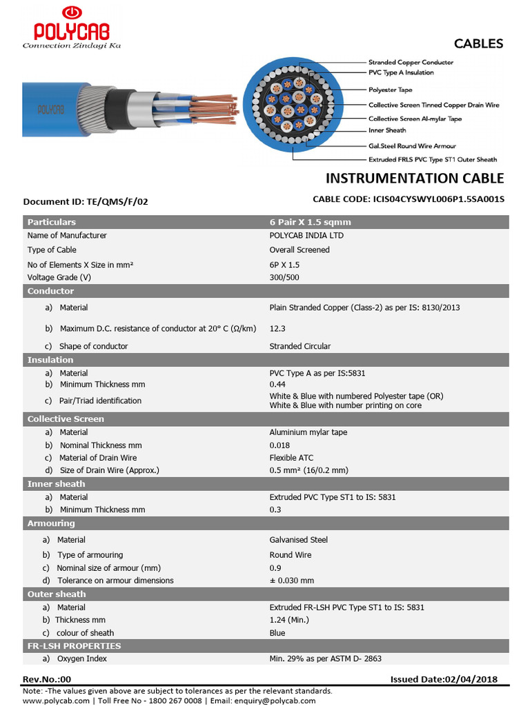 Instrumentation-Cables 1.5SQMM 6P 300-500-V Copper Stranded Pvc-Type-A Overall-Al-Mylar PVC-ST1 ...