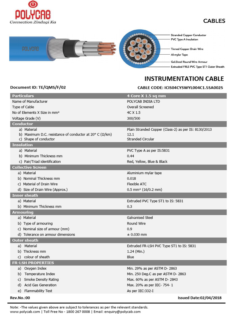 4C x 1.5 mm² FR-LSH Instrumentation Cable | PDF | Electrical Conductor ...