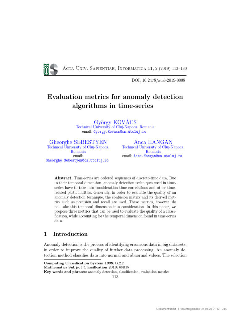 Evaluation Metrics For Anomaly Detection Algorithm Pdf Statistical