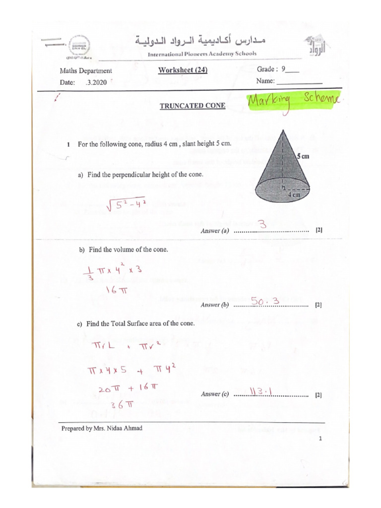 Truncated Cone - Answers | PDF