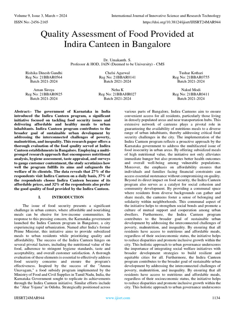 Quality Assessment of Food Provided at Indira Canteen in Bangalore ...
