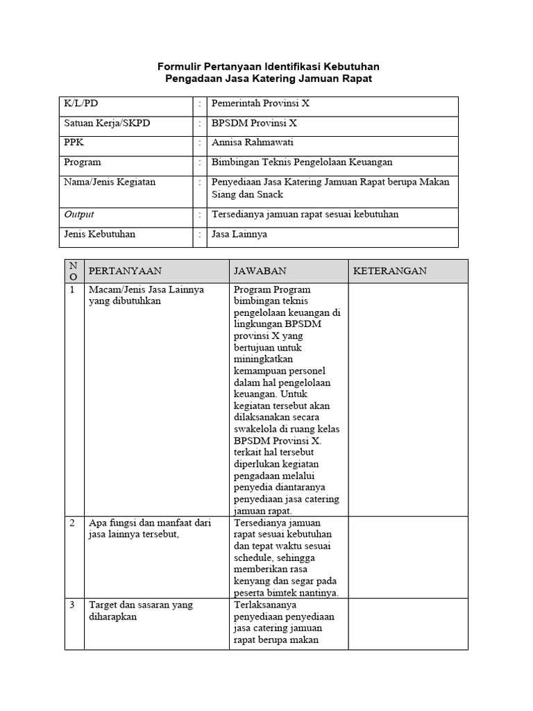 Formulir Identifikasi Kebutuhan Katering | PDF