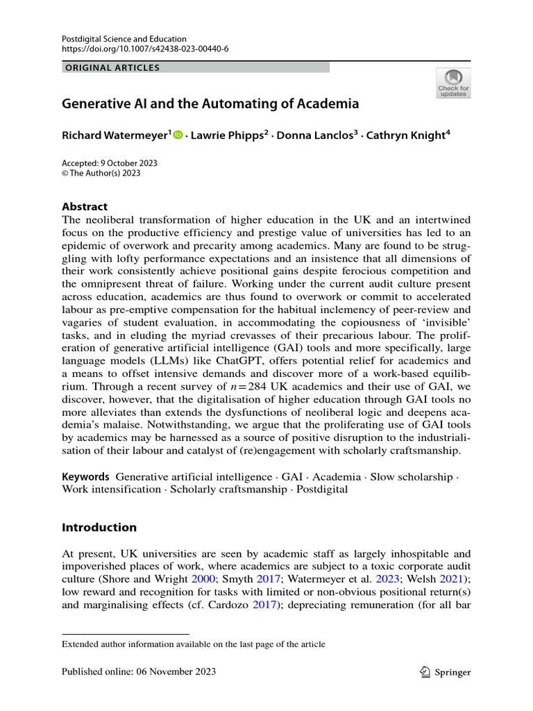 Generative AI and The Automating of Acad | PDF | Neoliberalism | Artificial Intelligence