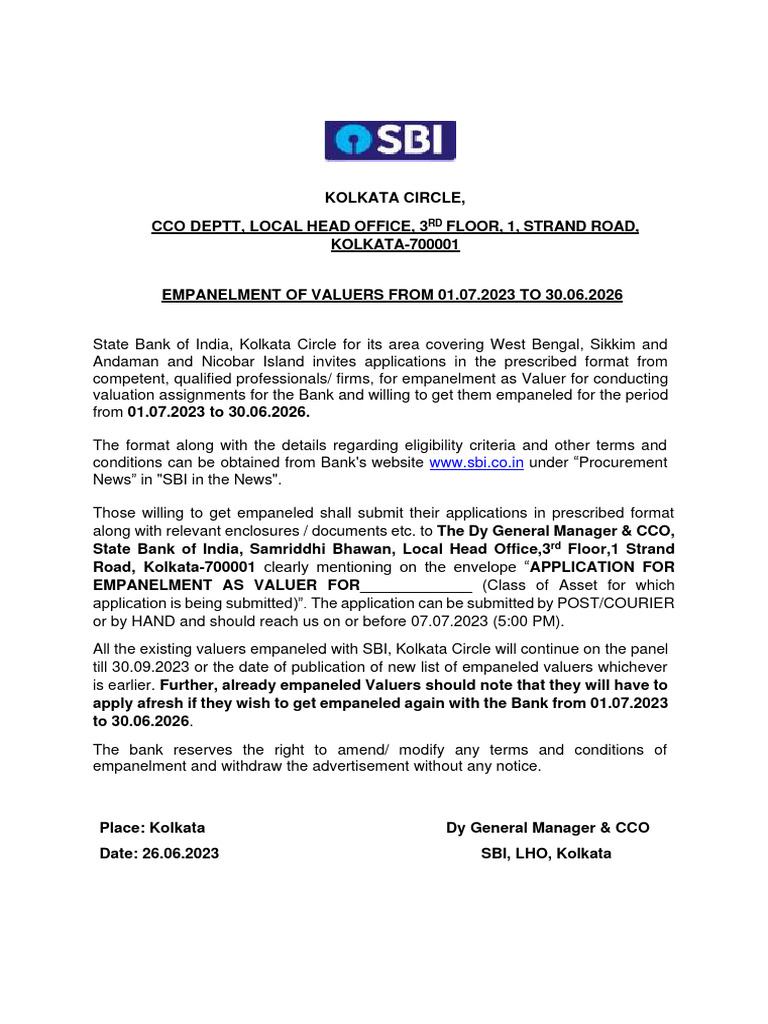 SBI Valuer Empanelment Notice 2023-26 | PDF | Finance & Money Management