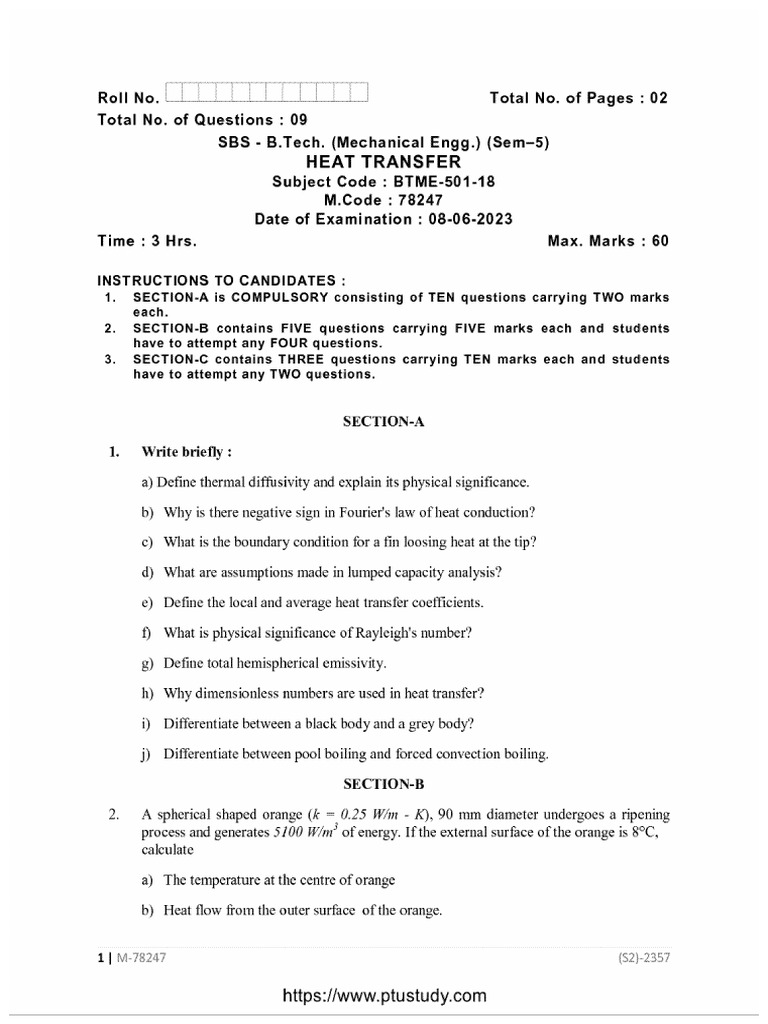 Btech Me 5 Sem Heat Transfer 78247 Jun 2023 | PDF Btech Me 5 Sem Heat Transfer 78247 Jun 2023 | PDF