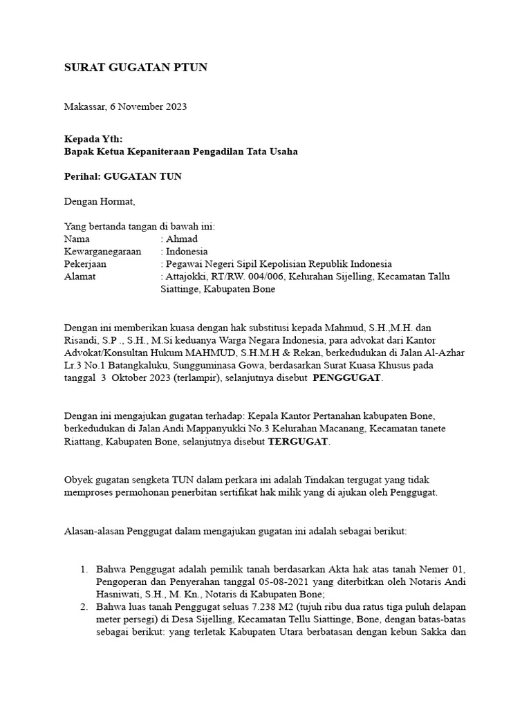 Surat Gugatan Ptun | PDF | Hukum