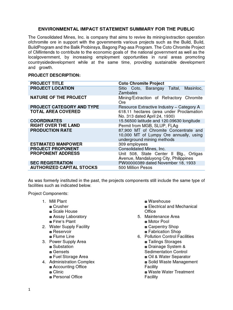 Executive-Summary-for-the-Public-ESP-English Coto Mine | PDF | Mining | Waste