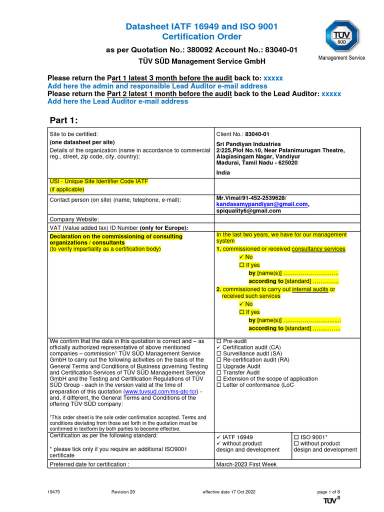 IATF16949 Datasheet Certification Order | PDF | Iso 9000 | Audit