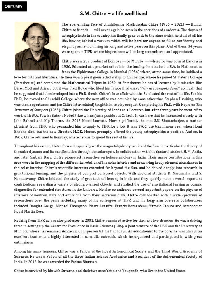 Remembering S.M. Chitre: Astrophysicist | PDF | Sun | Astronomy