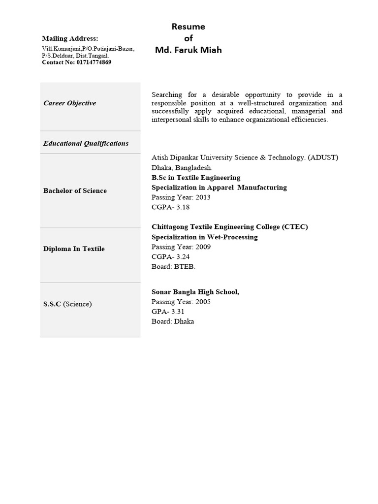 Faruk Miah CV | Download Free PDF | Textiles | Dyeing