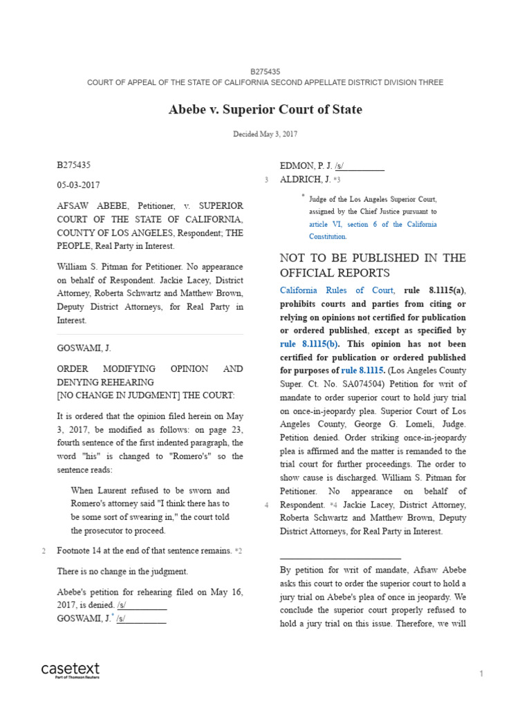 Abebe v. Superior Court of State | PDF | Acquittal | Trials