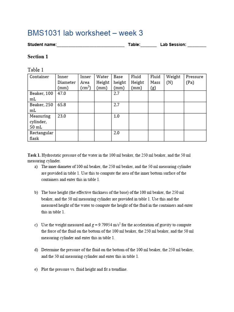 BMS1031 Week 3 Lab - Worksheet | PDF