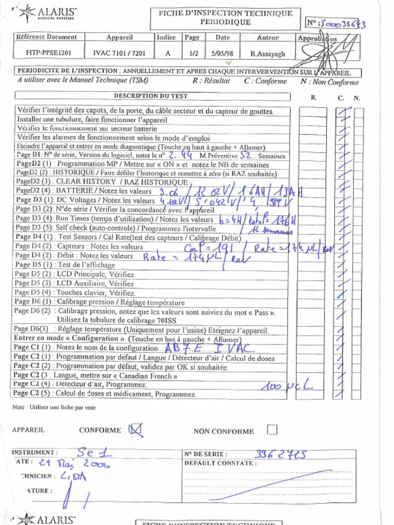 Alaris Fiche D'inspection Technique Periodique | PDF