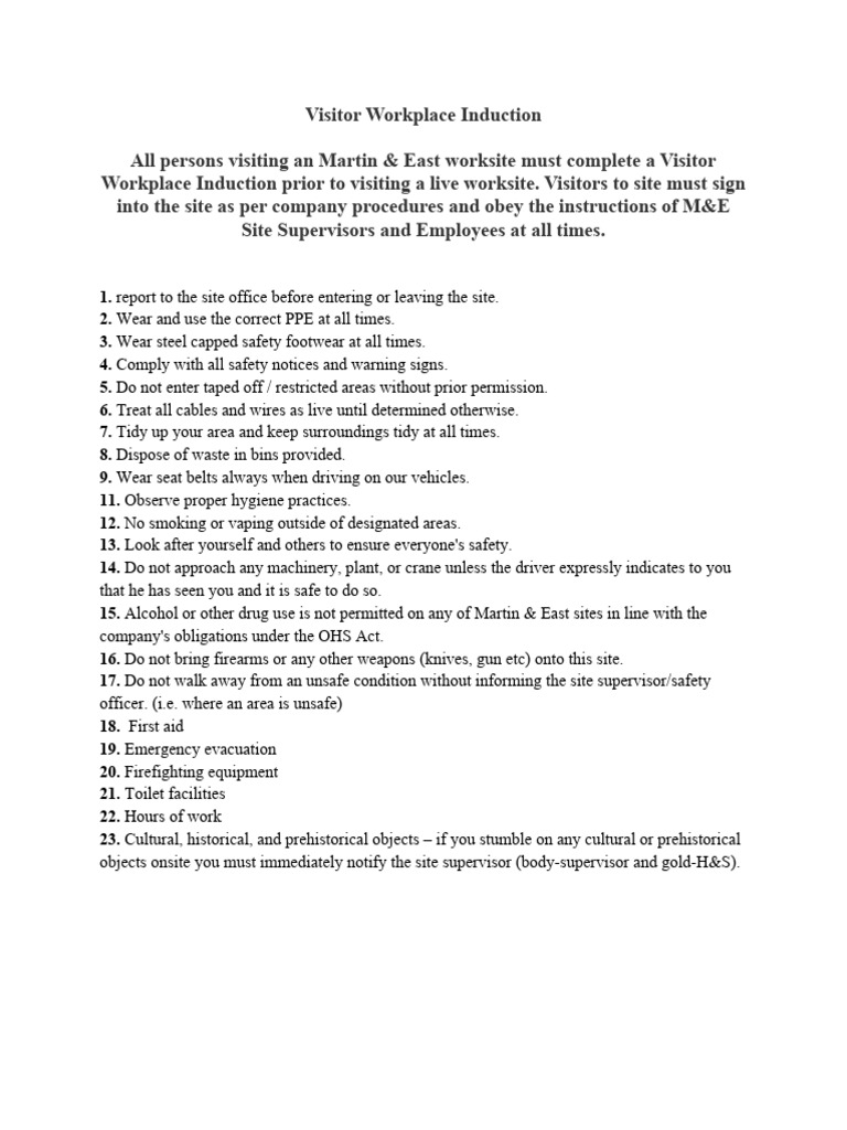 Visitor Workplace Induction | PDF