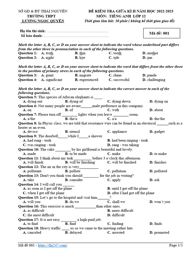De Giua Ki 2 Tieng Anh 12 Nam 2022 2023 Truong Luong Ngoc Quyen Thai Nguyen | Download Free PDF ...