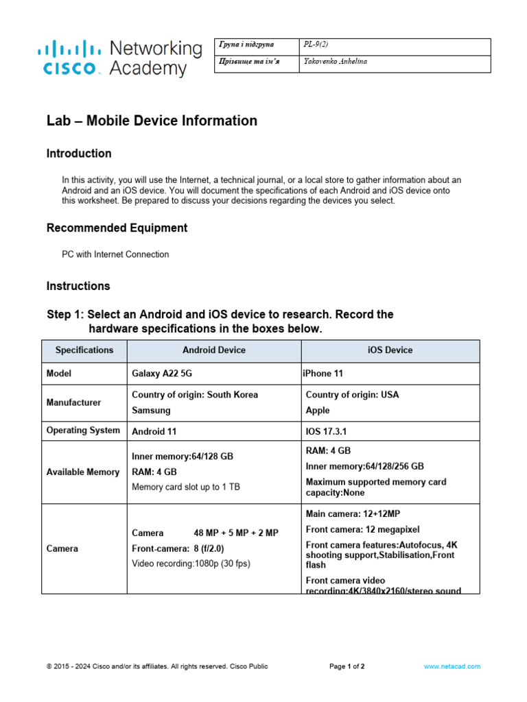 Yakovenko 7.1.1.10 Lab - Mobile Device Information - Eng | PDF | Ios | Android (Operating System)