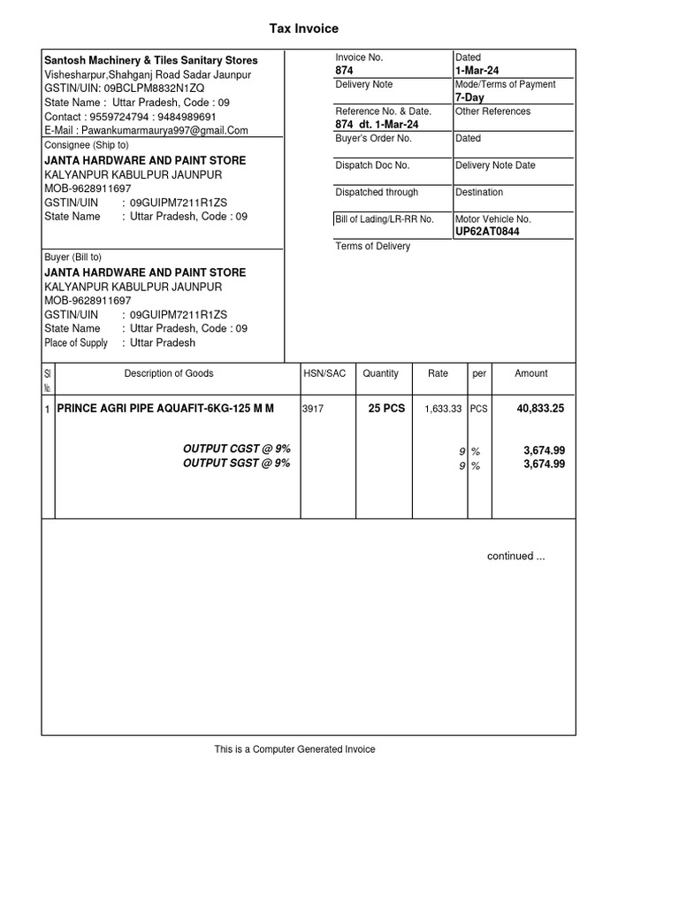 Tax Invoice: Santosh Machinery & Tiles Sanitary Stores 874 1-Mar-24 7 ...
