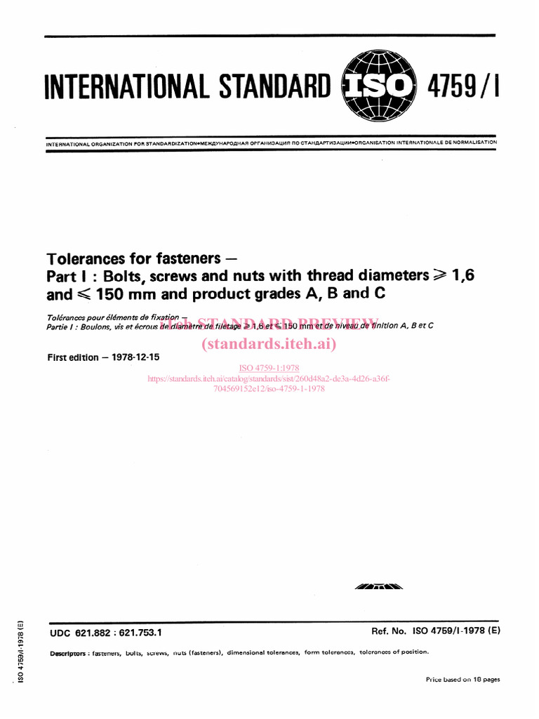 Iso 4759 1 1978 | PDF | Screw | Engineering Tolerance
