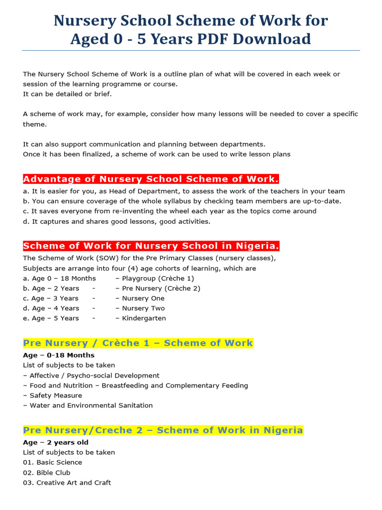 Nursery School Scheme of Work For Aged 0 - 5 Years PDF Download | PDF ...
