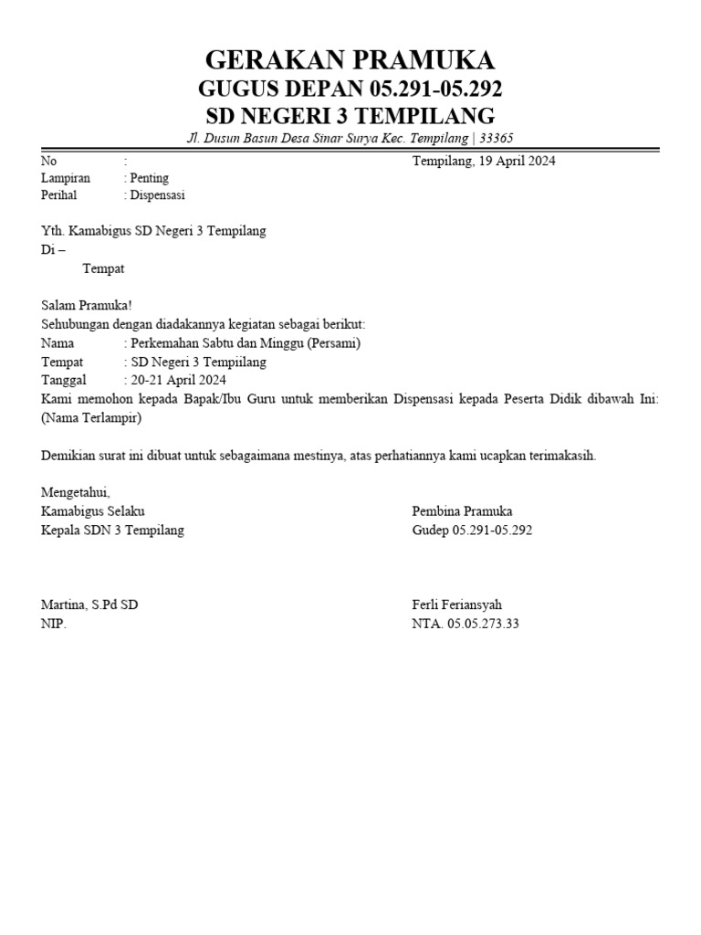 Surat Dispensasi Persami SDN 3 Tempilang | PDF
