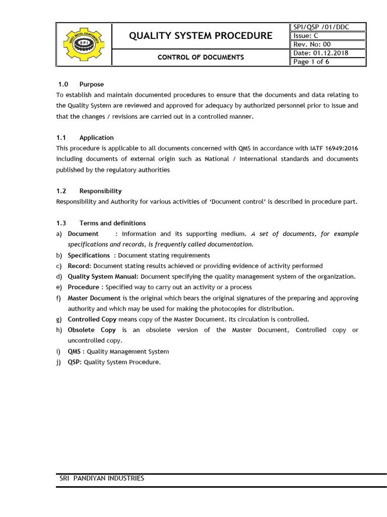 QSP 01 Control of Documents | Download Free PDF | Quality Management System | Specification ...