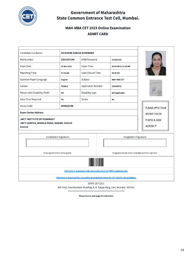 Cet Admit Card | PDF