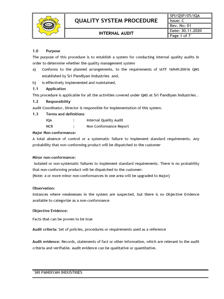 QSP 05 Internal Audits REV 1 | Download Free PDF | Audit | Internal Audit